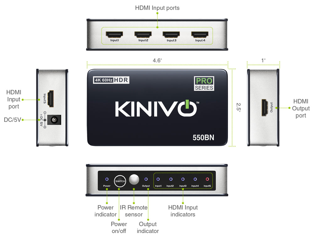 Kinivo HDMI Switch 4K HDR 550BN (5 in 1 Out, 4K 60Hz HDR, HDMI 2.0, Hi