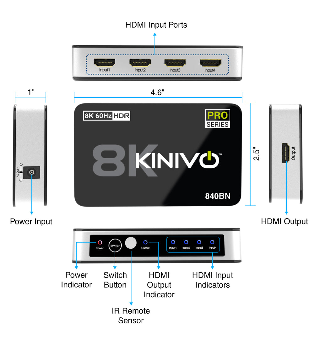 Kinivo 840BN 4 port HDMI switch 4 Port, 8K 60Hz, 4K 120Hz HDMI Switche