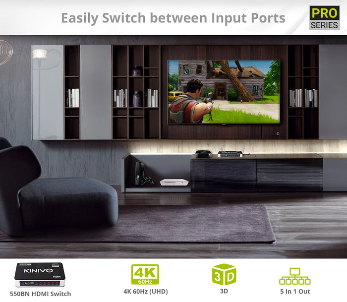 Kinivo HDMI Switch 4K HDR 550BN (5 in 1 Out, 4K 60Hz HDR, HDMI 2.0, Hi